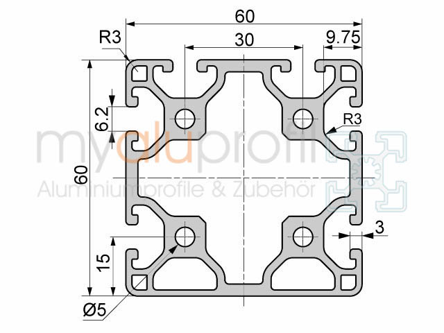 myaluprofil - Aluminum profile 60x60 Groove 6 I-Type 2N Light