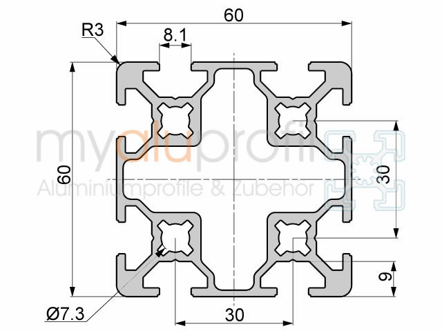 myaluprofil - Aluminium profile 60x60 groove 8 B-type compatible